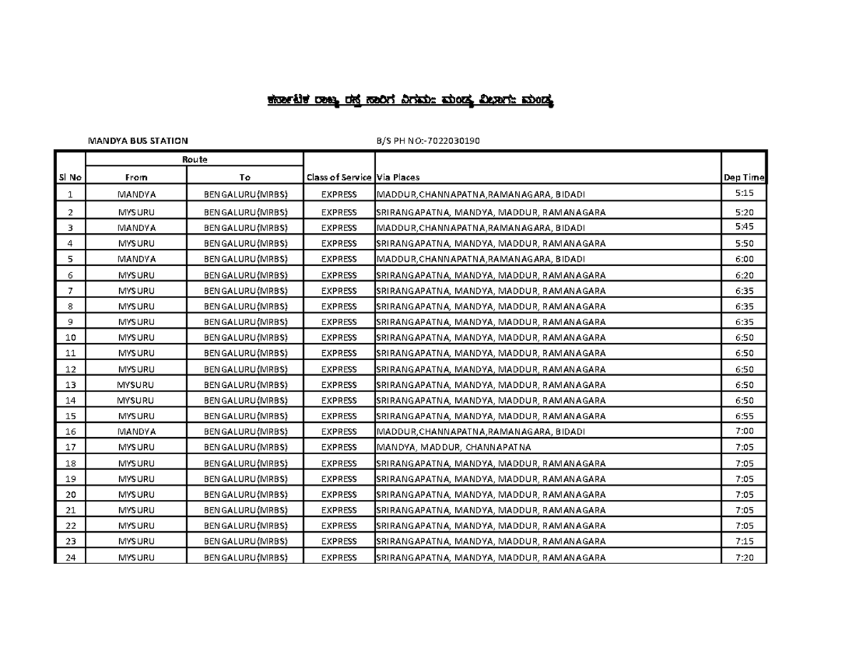 Mandya Bus Stand - Blah blah - From To 5 MANDYA BENGALURU(MRBS) EXPRESS ...