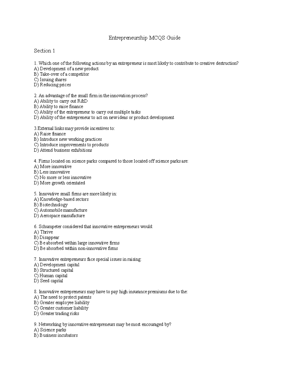 Multiple choice questions - Entrepreneurship MCQS Guide Section 1 Which ...
