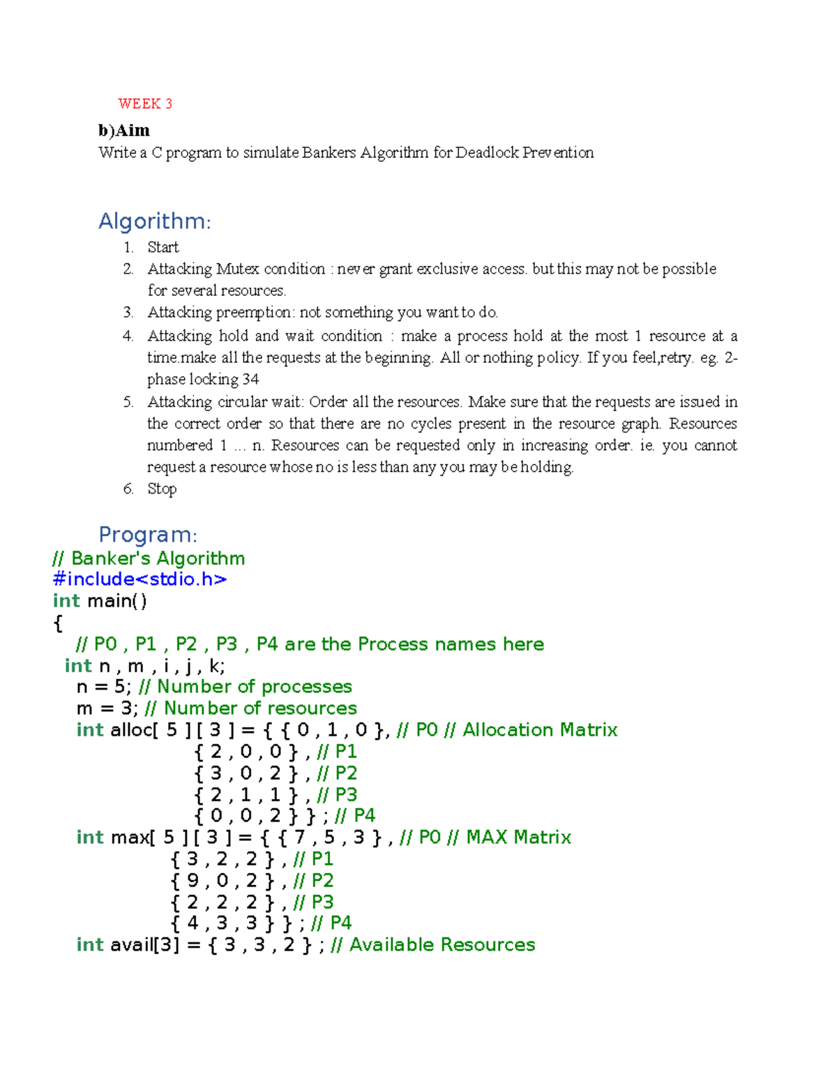 3&4 WEEK - OS LAB 3,4 WEEK PROGRAMS - WEEK 3 b)Aim Write a C program to simulate Bankers ...