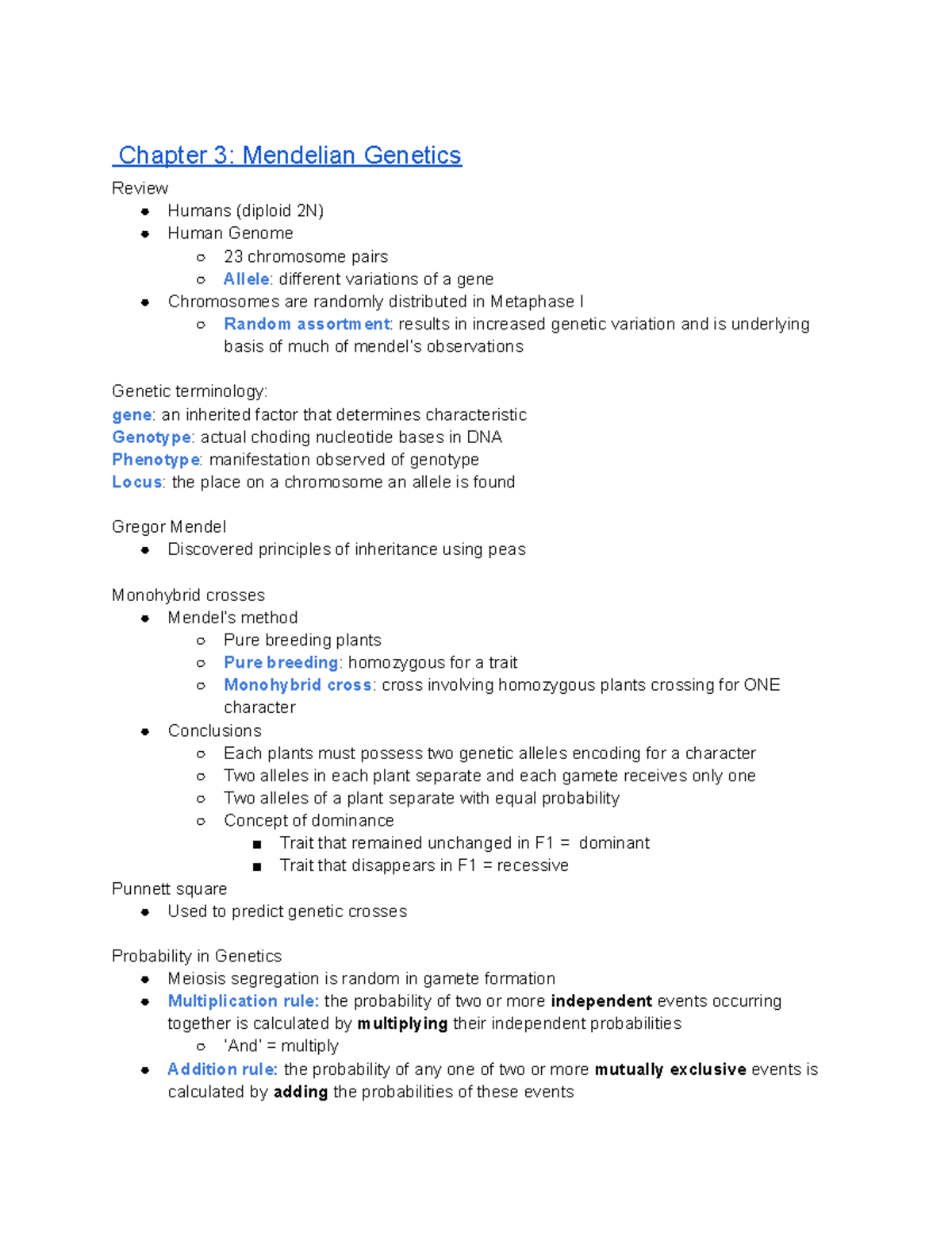 Chapter 3- Mendelian Genetics - Chapter 3: Mendelian Genetics Review ...