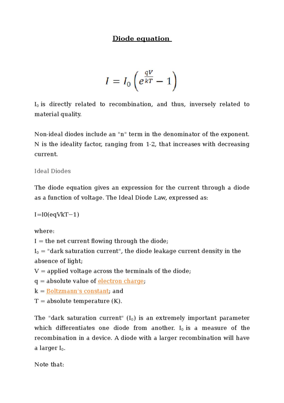 Diode equation - It's tutorial work - Diode equation I 0 is directly ...