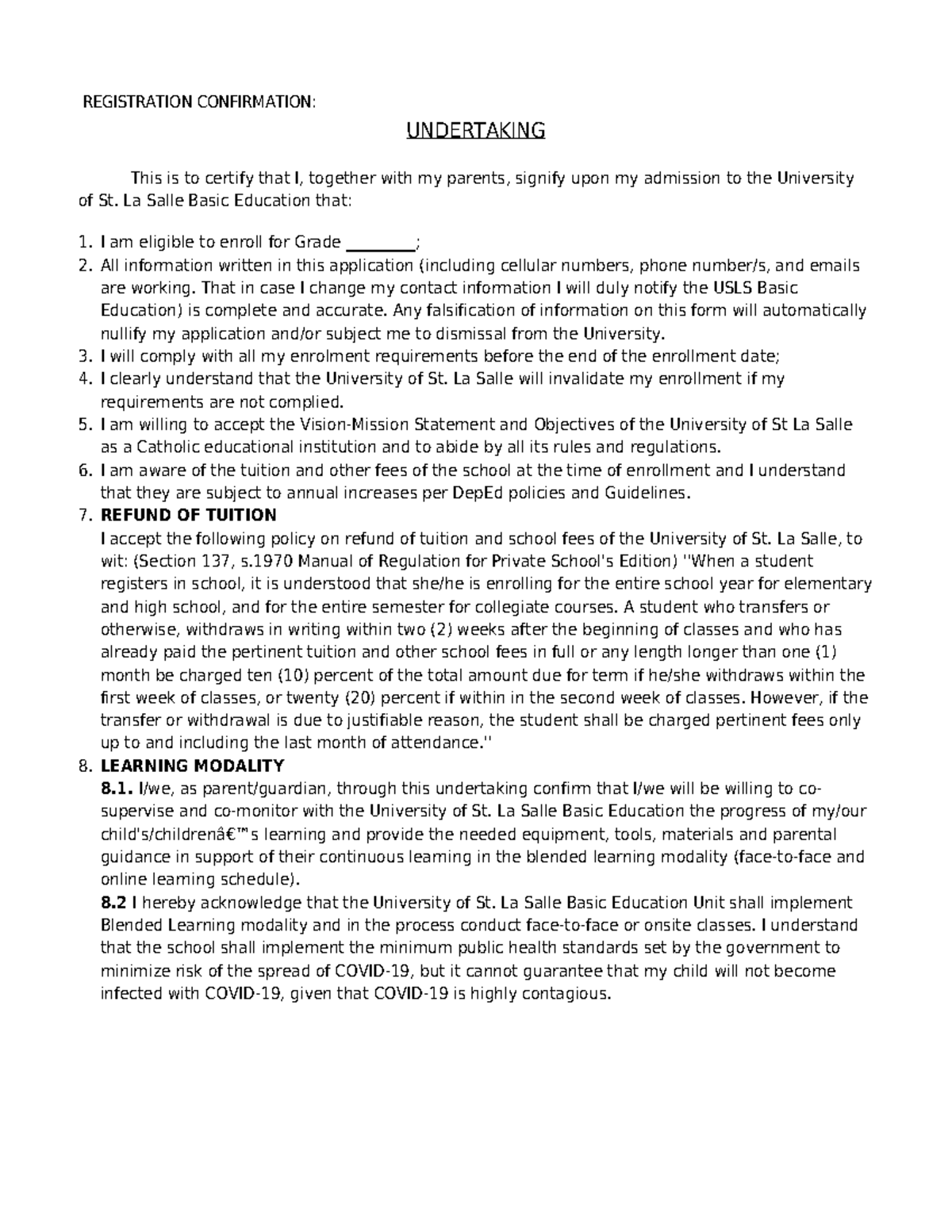 Usls undertaking form - QWEQWQEQ - REGISTRATION CONFIRMATION ...