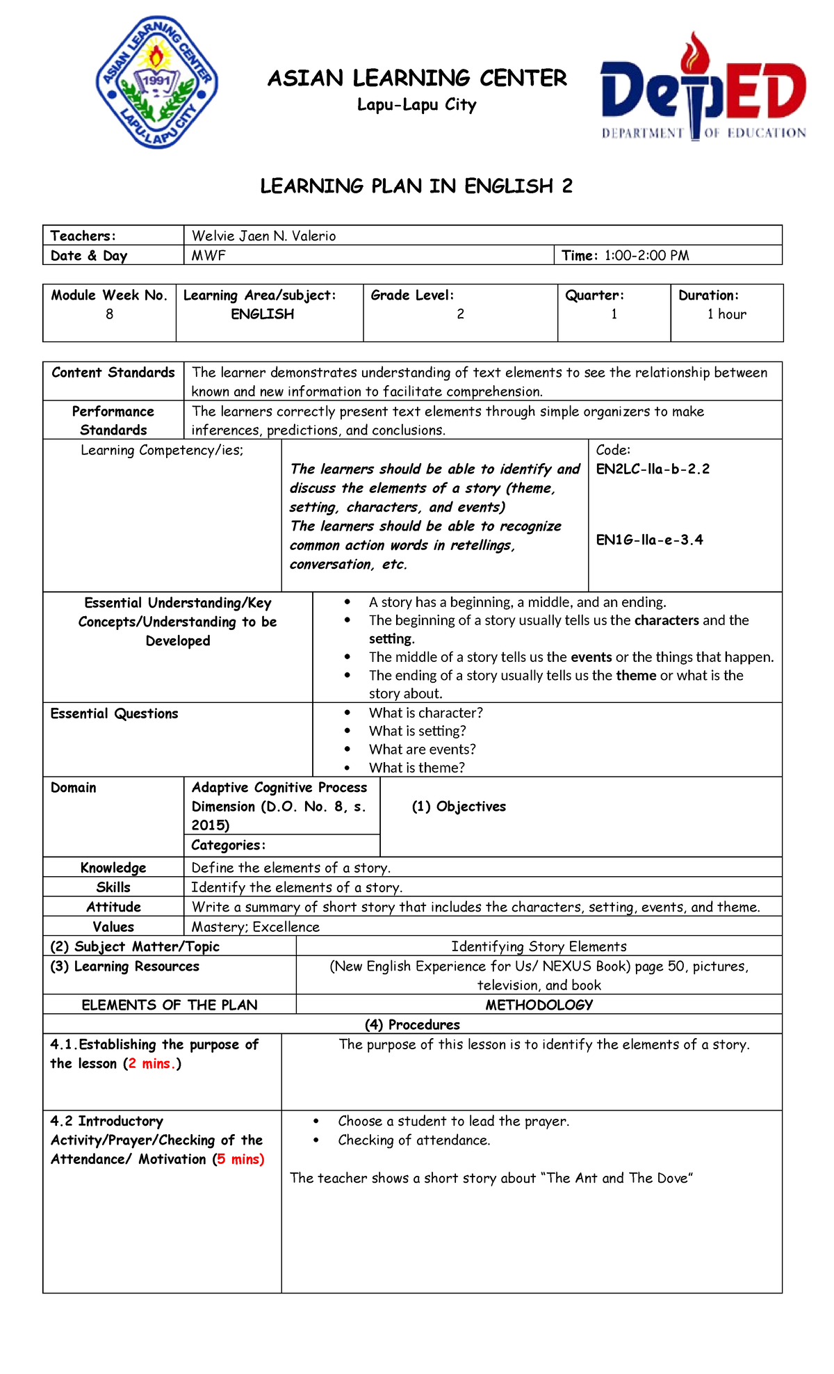 English 2- Q1- Lesson 8- Week 8 - ASIAN LEARNING CENTER Lapu-Lapu City ...