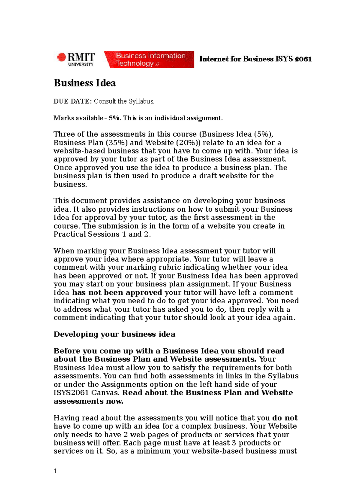 Business Idea 2020 Instructions - Business Idea DUE DATE: Consult the ...
