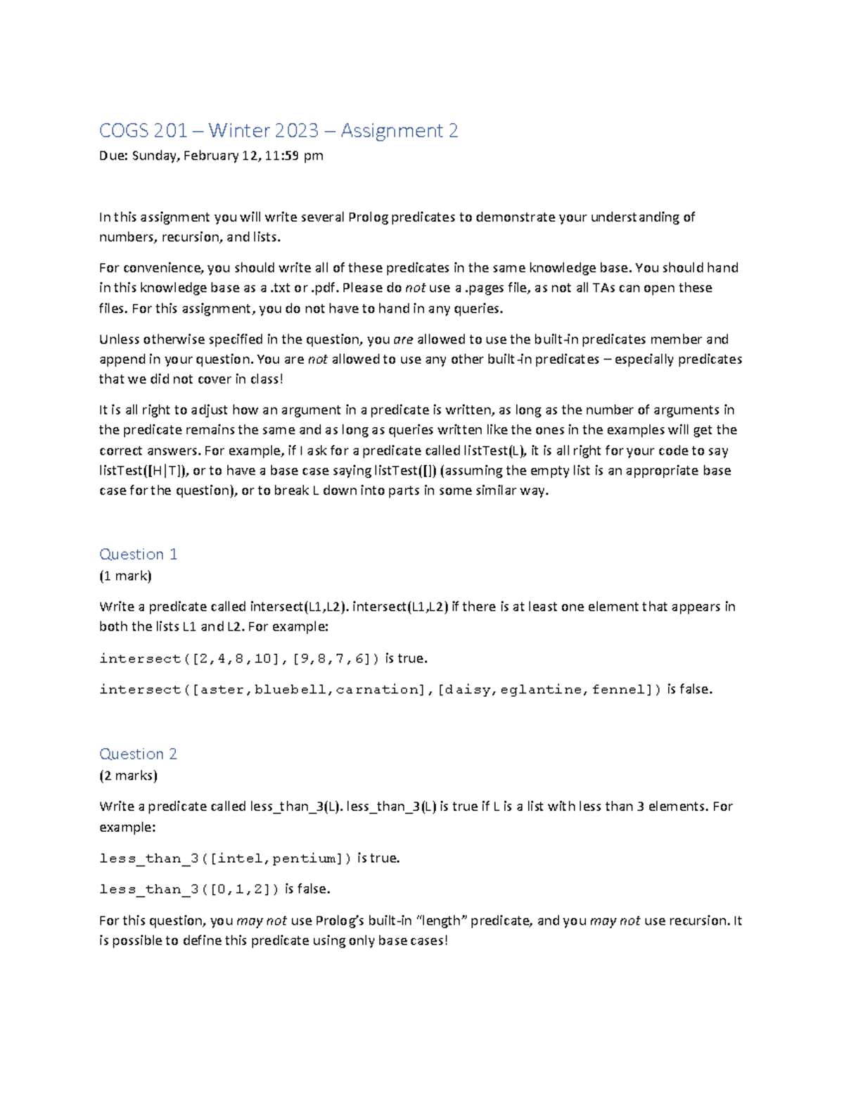 Assignment 2 - COGS 201 – Winter 2023 – Assignment 2 Due: Sunday ...