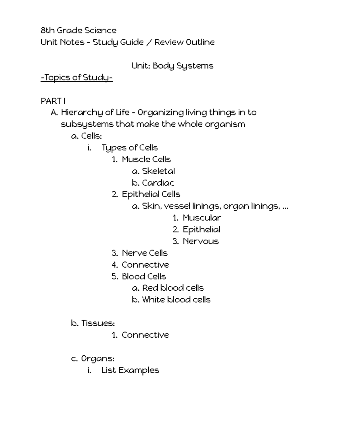 Copy of Human Body Body System Review Study Notes - 8th Grade Science ...