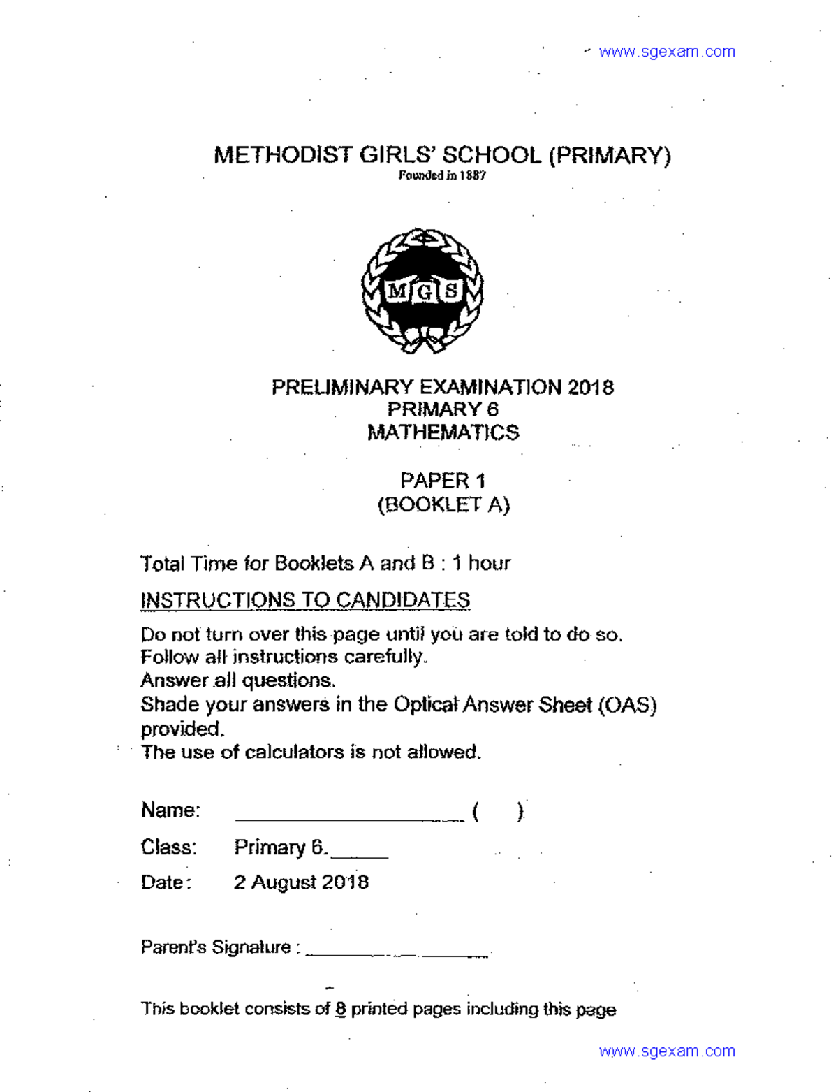 2018-P6-Maths-SA2-Methodist Girls - Mathematics - Studocu
