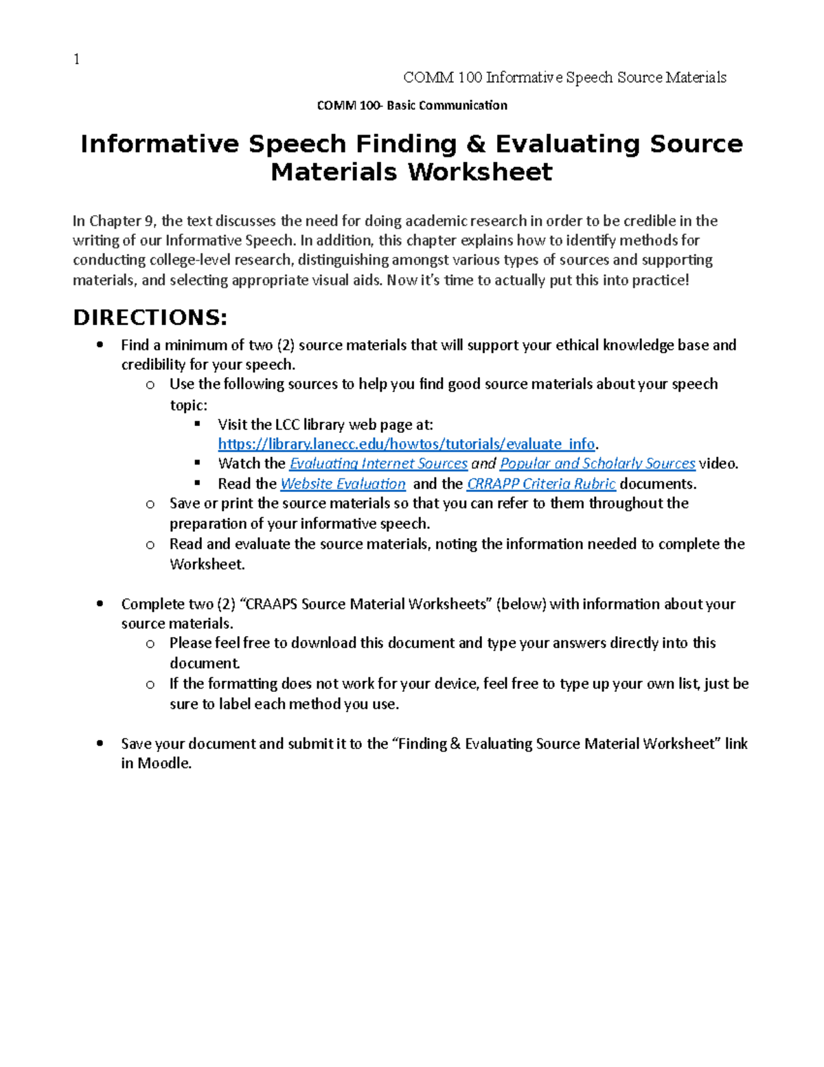 COMM 100 Finding Resources Assign - 1 COMM 100 Informative Speech ...
