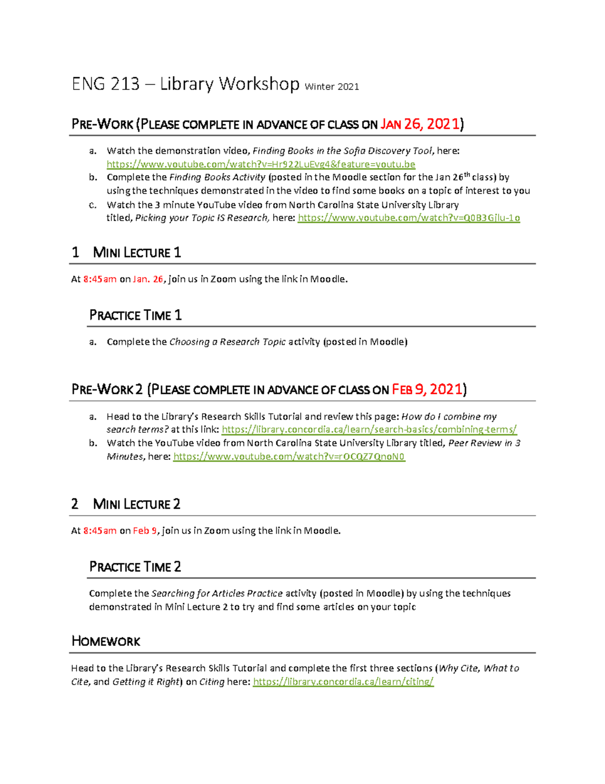 Library Workshop Agenda and Instructions - ENGL 213 - Concordia - Studocu
