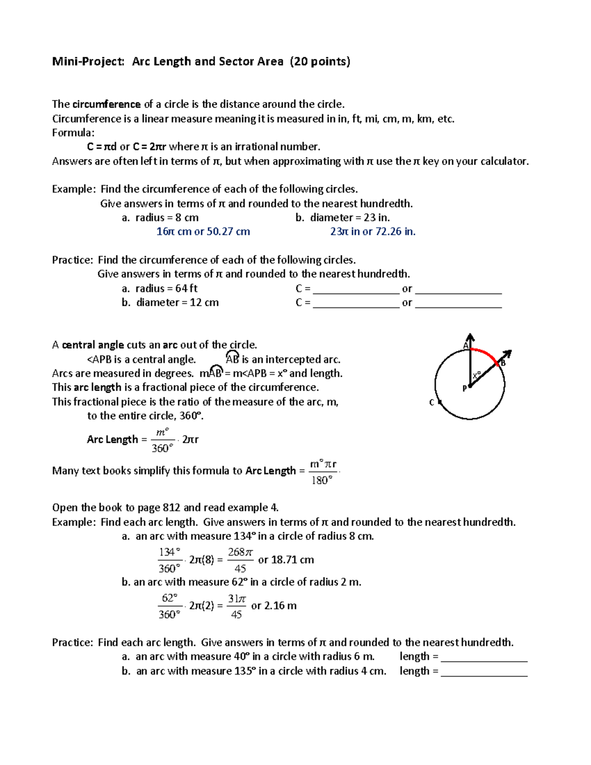 Arc Length and Sector Area - MATH 203 - Studocu