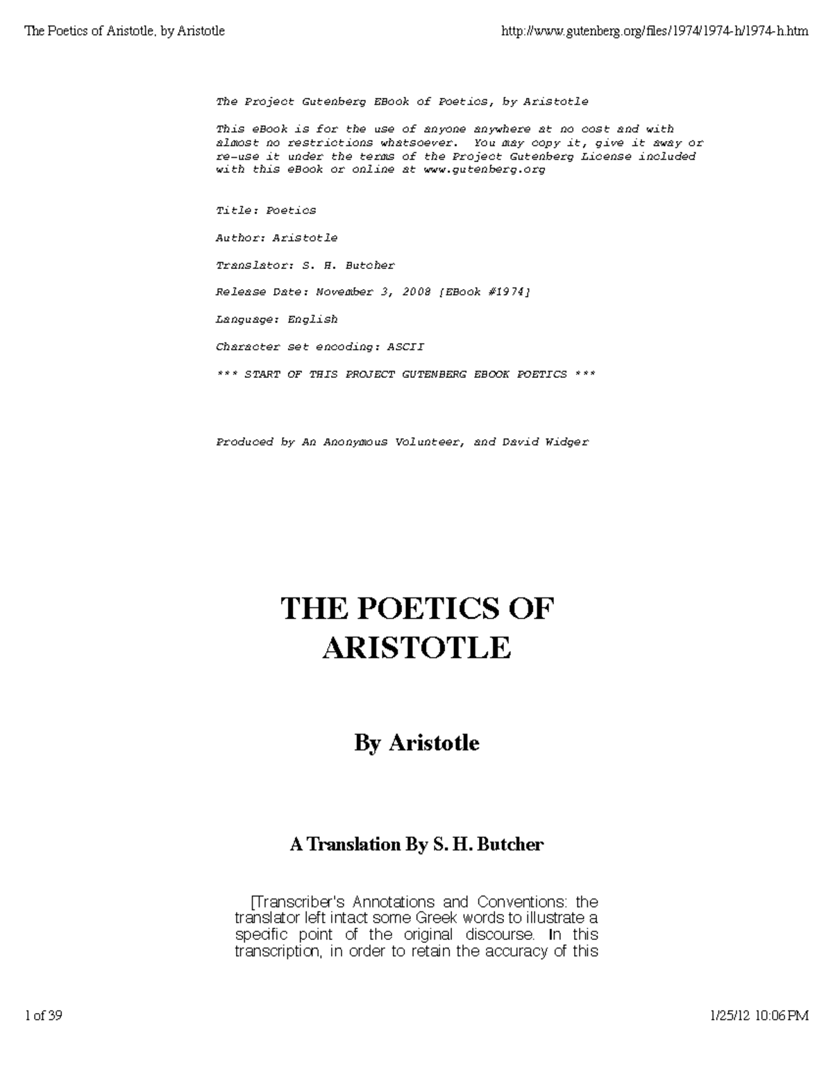 The Poetics of Aristotle - The Project Gutenberg EBook of Poetics, by ...