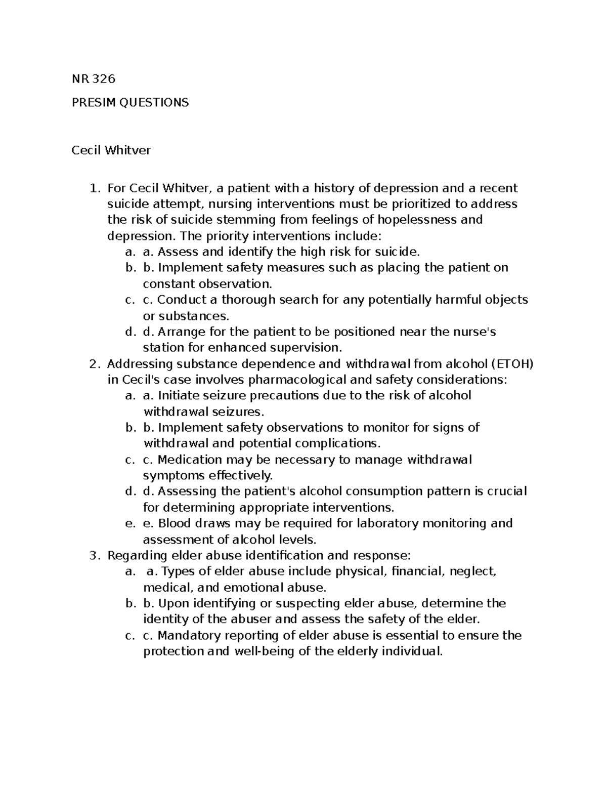 Cecil whitver pre sim - pre sim questions - NR 326 PRESIM QUESTIONS ...