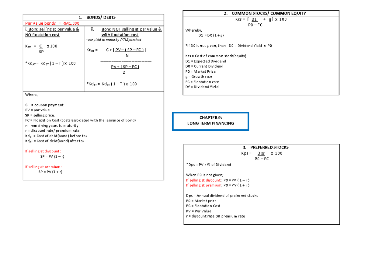 Short Notes Chapter 9 LONG TERM - 1. BONDS/ DEBTS Par Value bonds = RM1 ...
