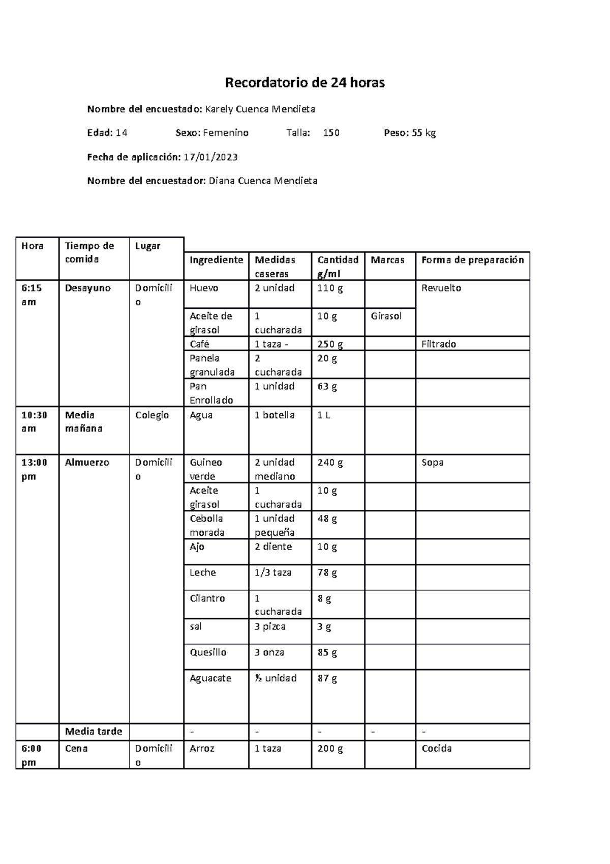 Recordatorio de 24 horas - Recordatorio de 24 horas Nombre del ...