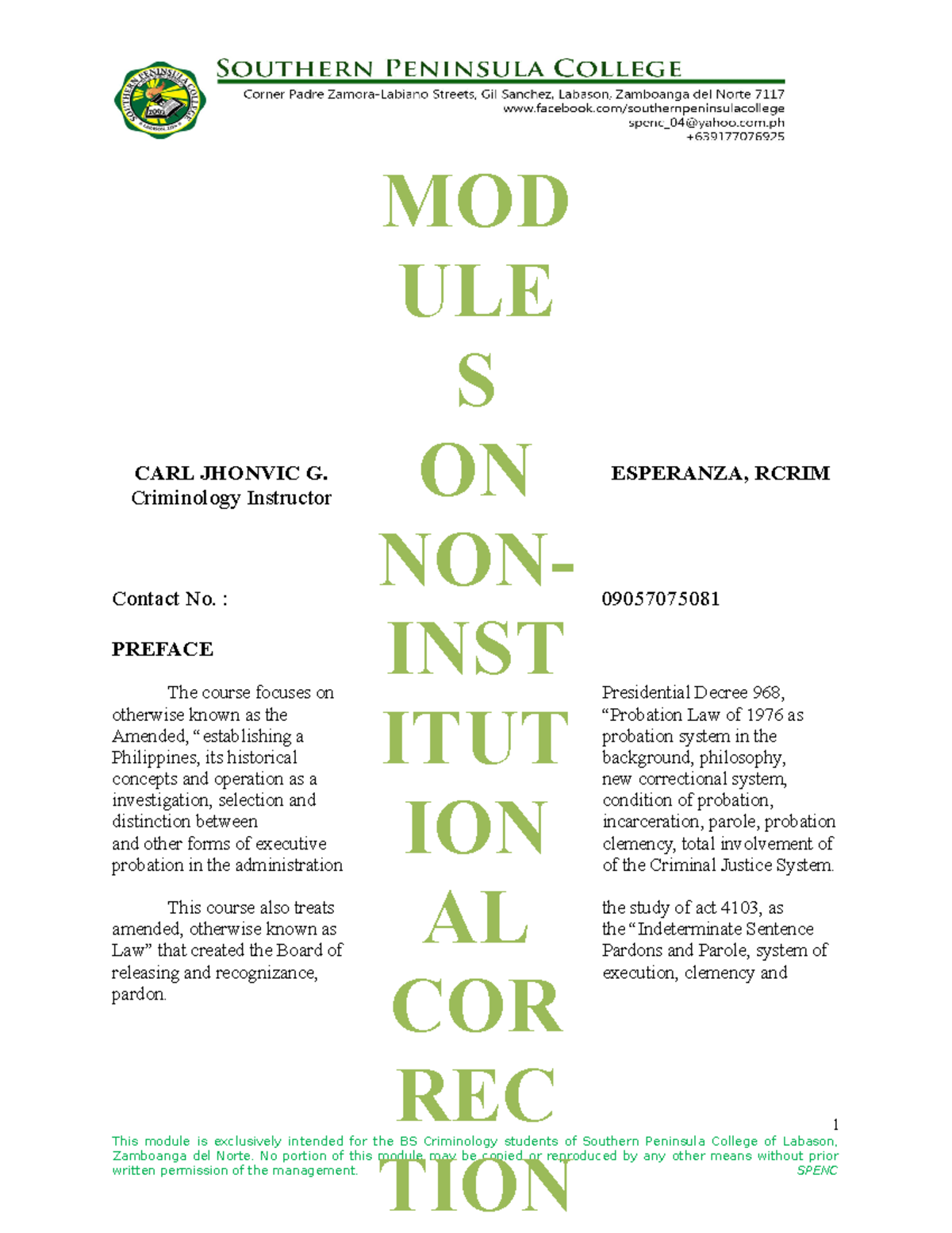 Non institutional correction prelim unit 1 - CARL JHONVIC G. ESPERANZA ...