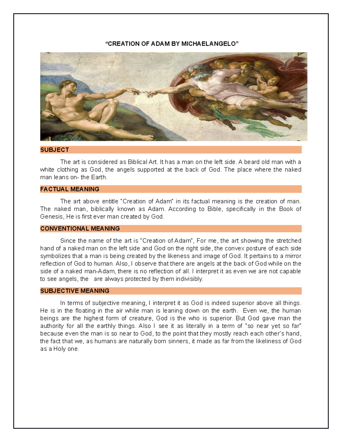 Creation Of Adam Grade A CREATION OF ADAM BY MICHAELANGELO