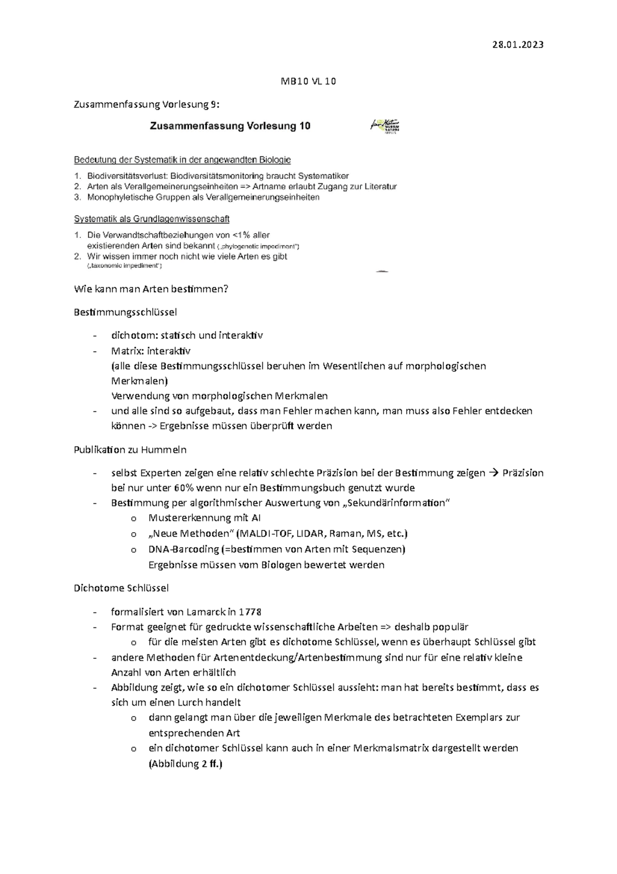 MB10 VL 10 - Vorlesung zur Artenbestimmung - MB10 VL 10 Zusammenfassung Vorlesung 9: Wie kann ...