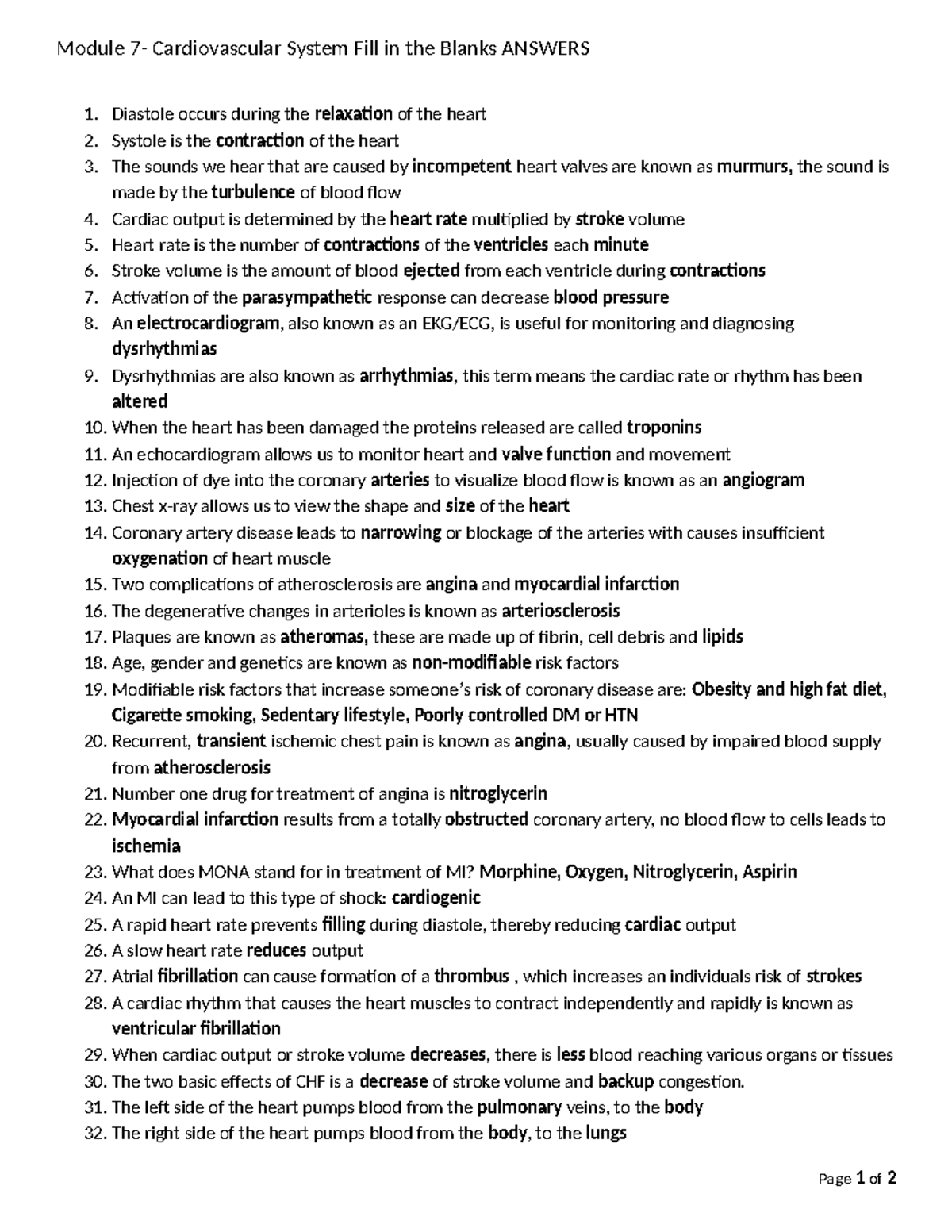 Module 7 Fill in the Blanks Answers - Module 7- Cardiovascular System Fill in the Blanks ANSWERS ...