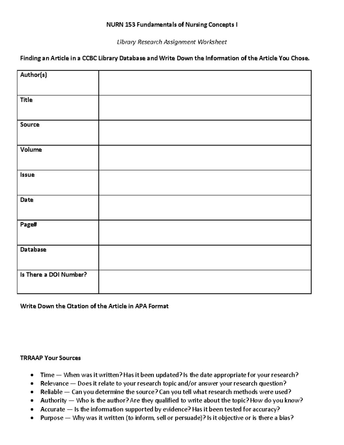 NURN 153 Nursing Concepts I library research assignment - NURN 153 ...