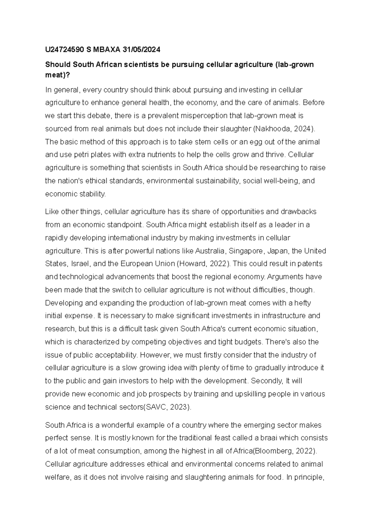 LST 110 Essay Writing 3 - U24724590 S MBAXA 31/05/ Should South African ...