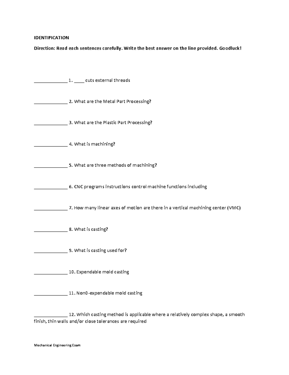 Mechanical Engineering Practice Exam 6 - Mechanical Engineering Exam ...