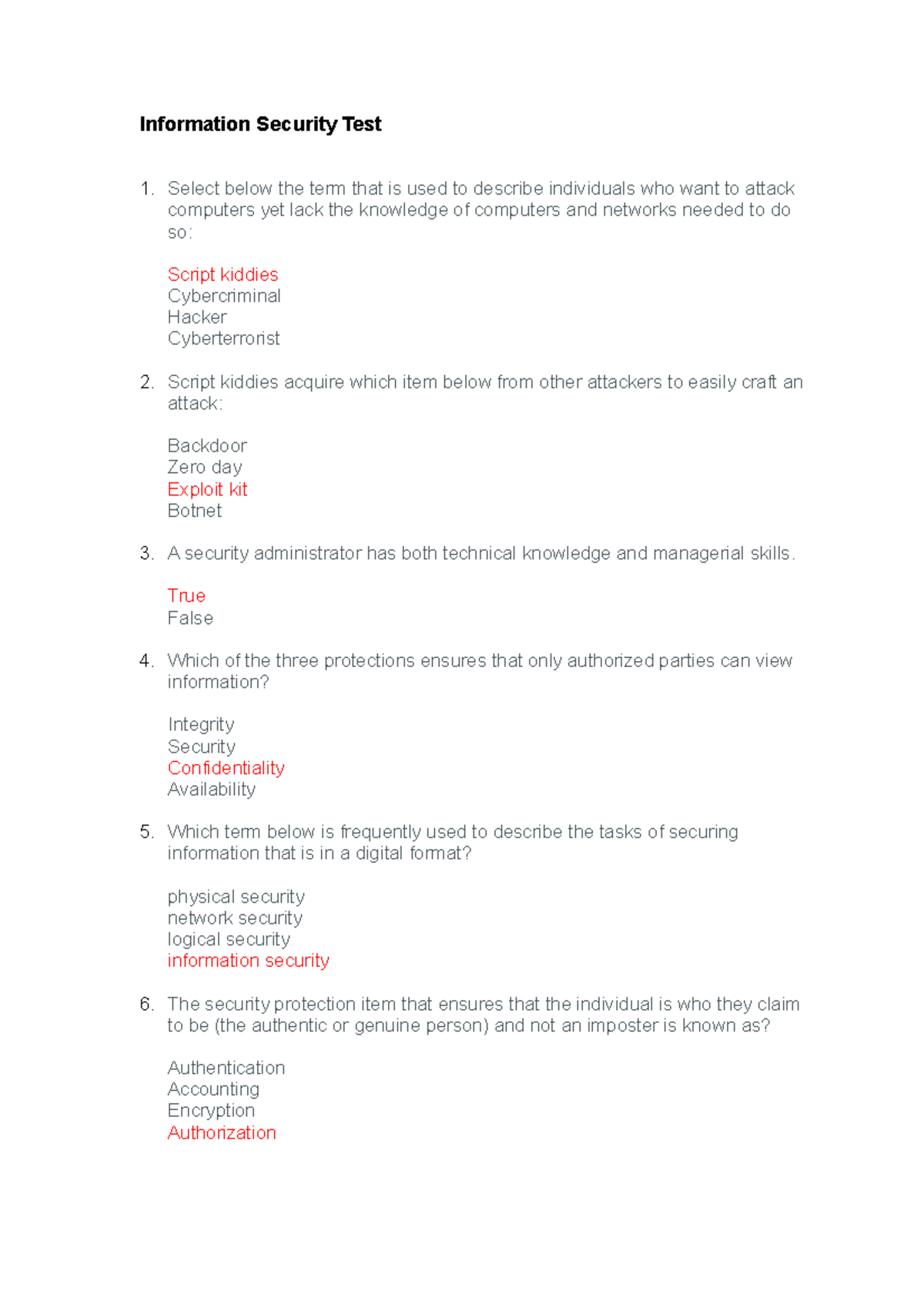 Information Security Test - Information Security Test Select below the ...