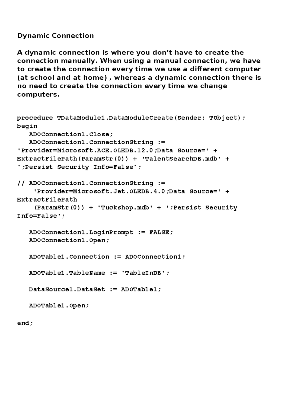 Dynamic Connection - Help for databases - Dynamic Connection A dynamic ...