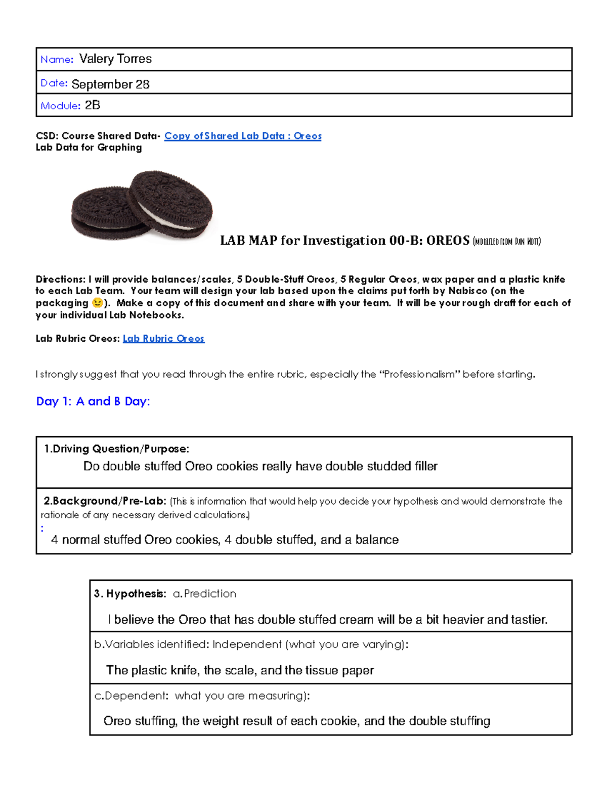 Biology Lab Map Oreos - Name: Date: Module: CSD: Course Shared Data ...