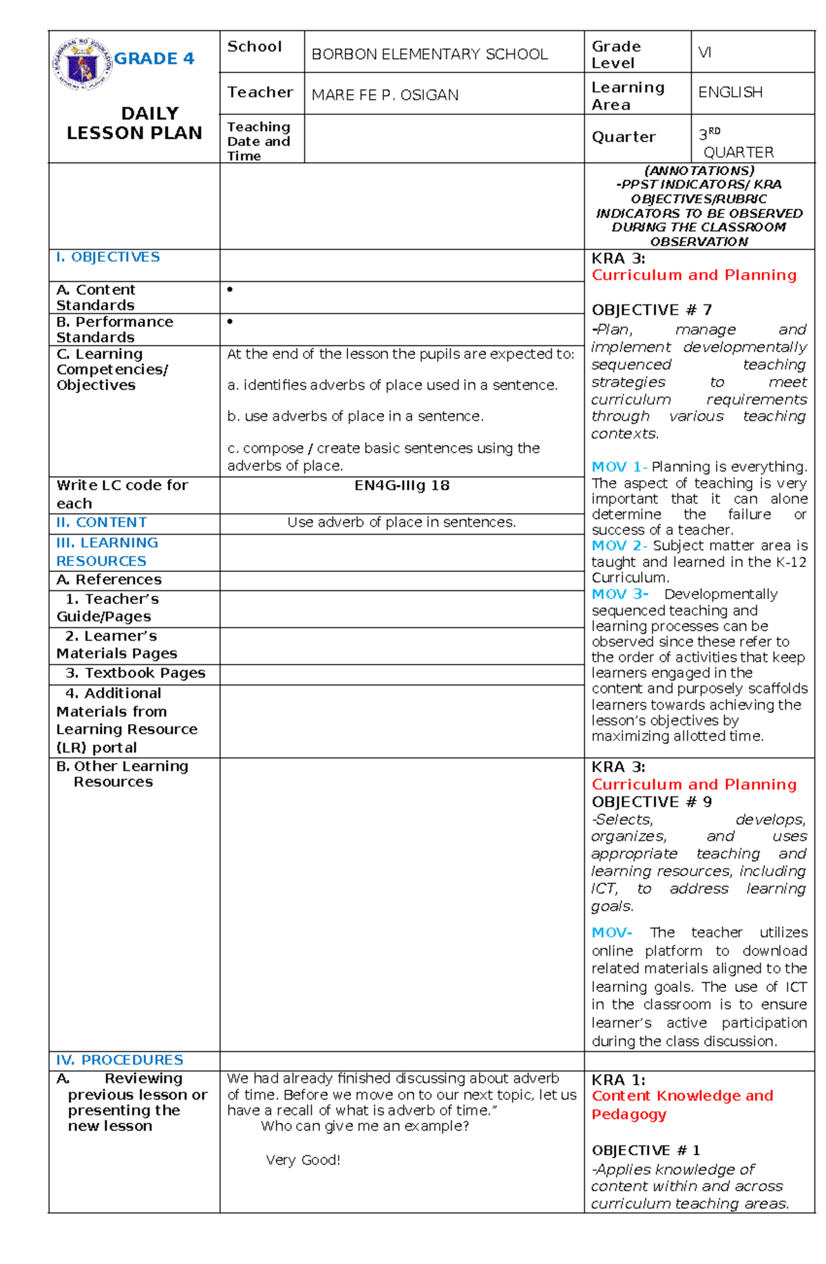 English-LP-Q3 - A detailed Lesson plan in quarter three for grade 4 ...