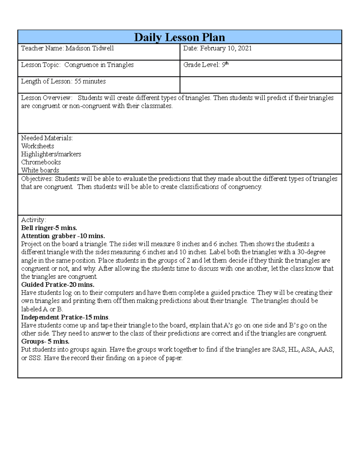 Congruence Lesson plan - Daily Lesson Plan Teacher Name: Madison ...