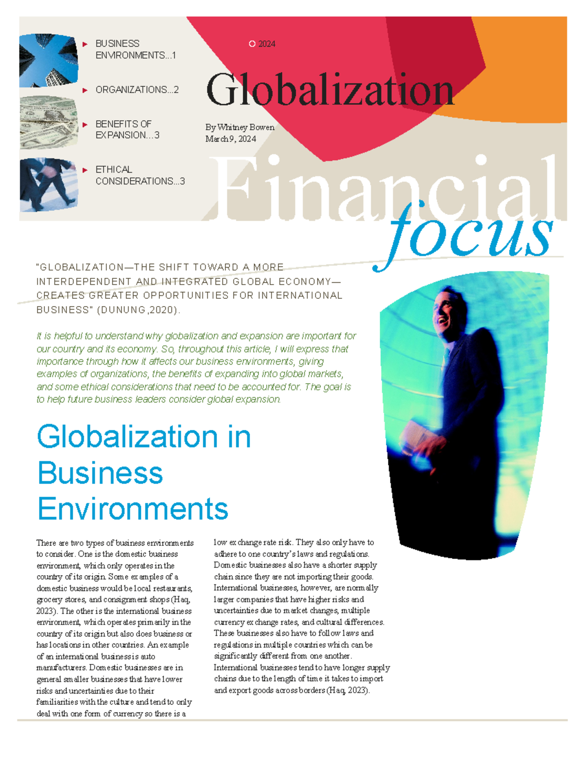 INT 220 Module One Assignment - focus Financial BUSINESS ENVIRONMENTS ...