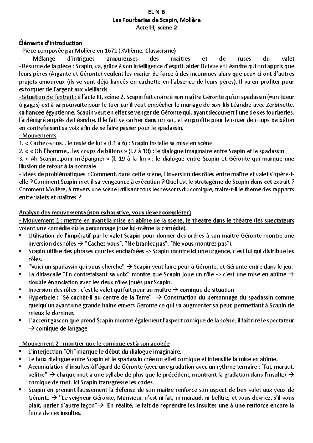 EL 6 - Scapin - III - Explication linéaire - EL N° Les Fourberies de ...