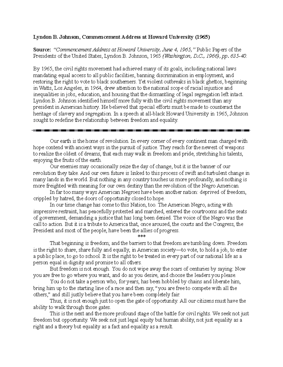 Lyndon B. Johnson, Commencement Address at Howard University (1965 ...