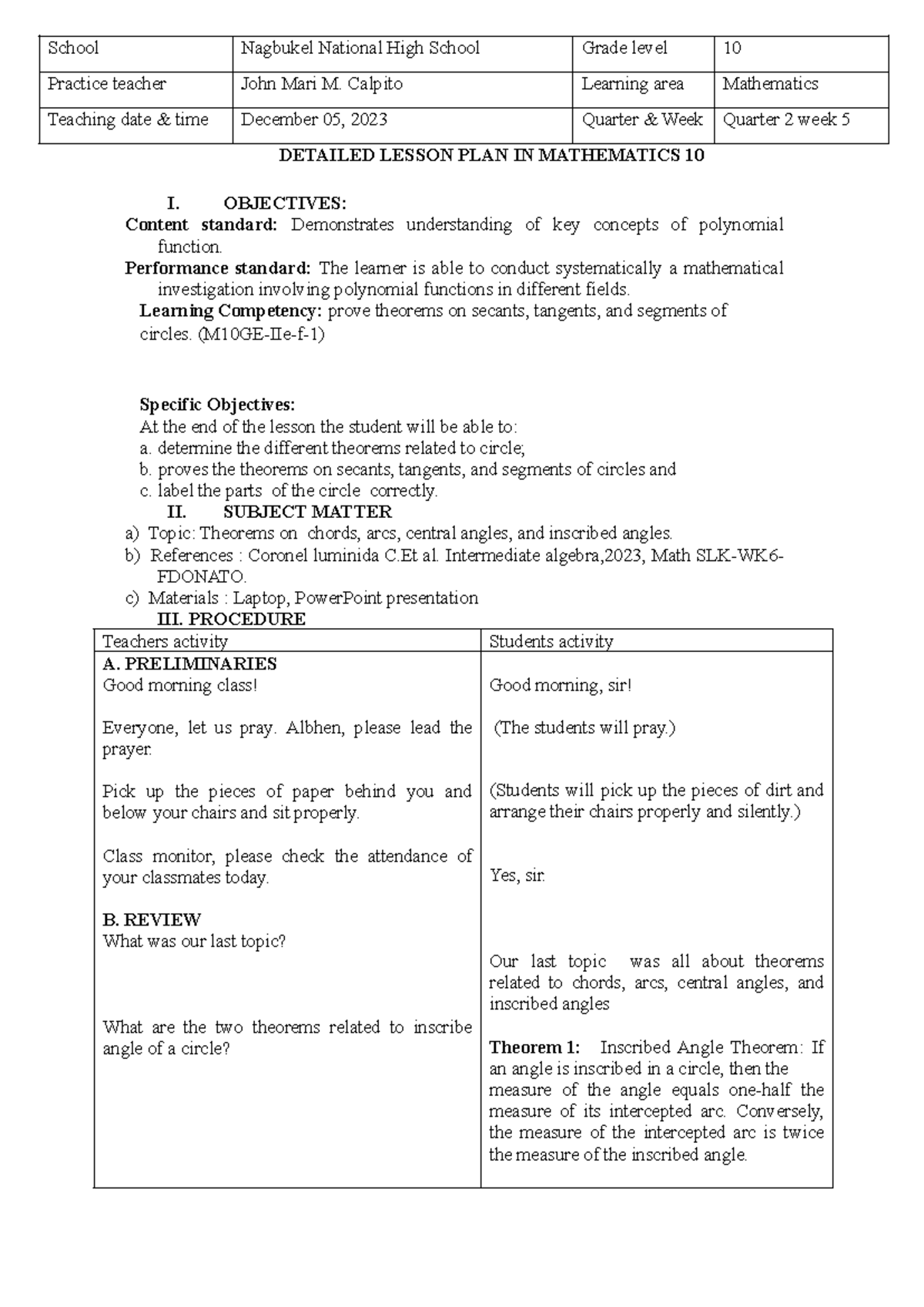 Therems Segment - DETAILED LESSON PLAN IN MATHEMATICS 10 I. OBJECTIVES ...