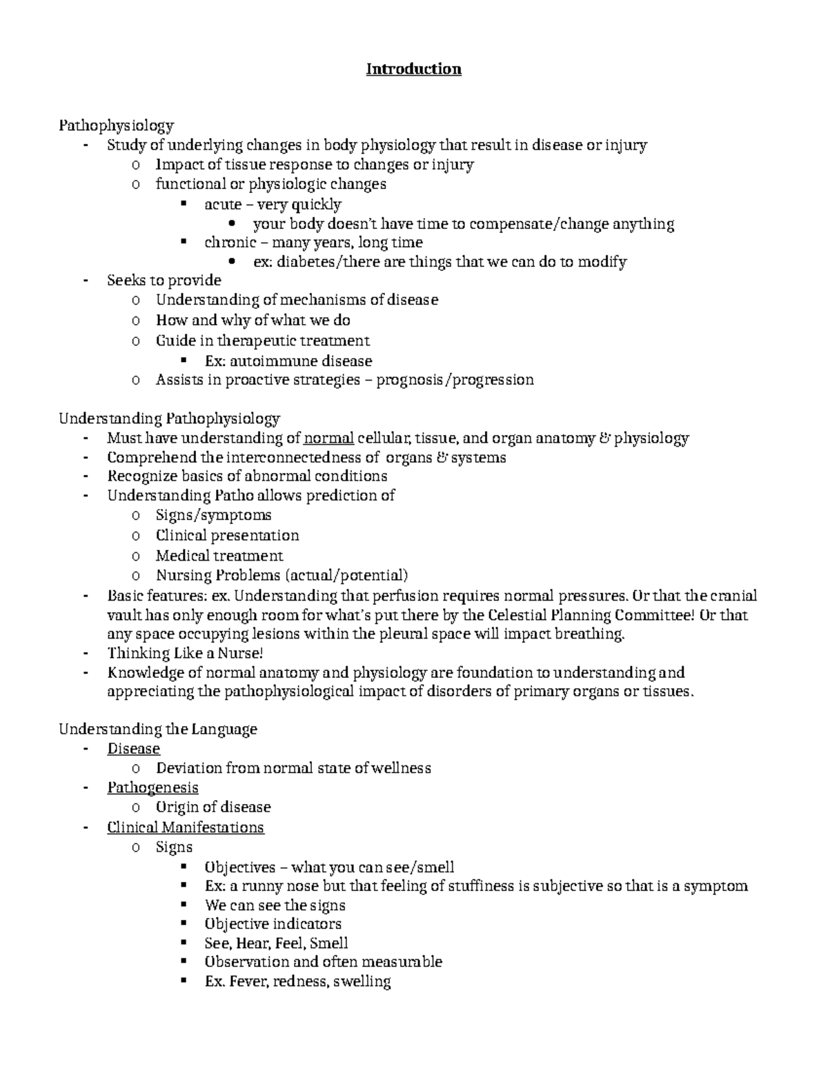 NURB 3050 Exam 1 Info - Introduction Pathophysiology - Study of ...