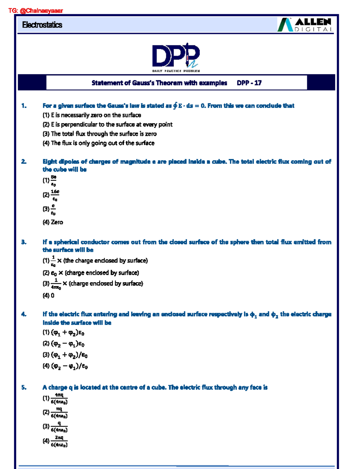 Dpp1 - For questions practice - TG: Electrostatics AALLEN DIGITAL DPP DAILY PRACTICE PROBLEM ...