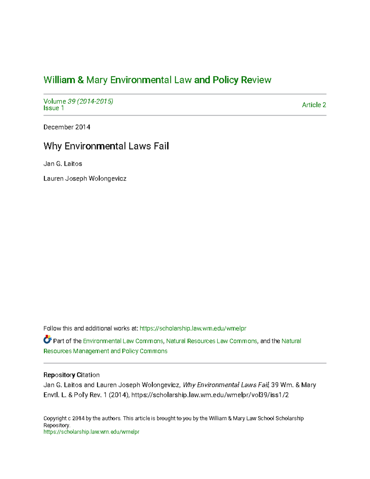 Why Environmental Laws Fail - William & Mary Environmental Law and ...