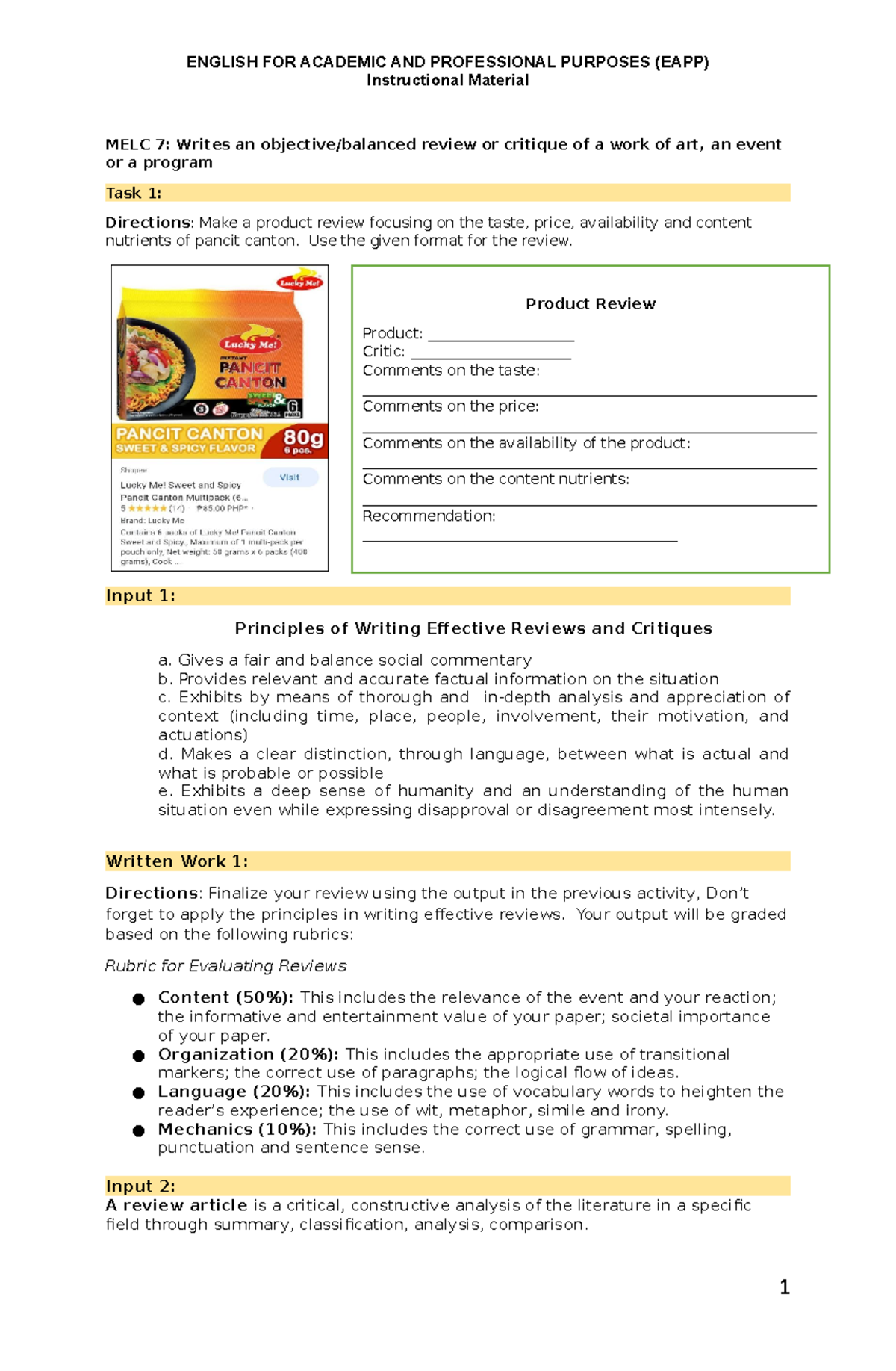 EAPP IM7 - Writing a Balanced Review - Instructional Material MELC 7 ...