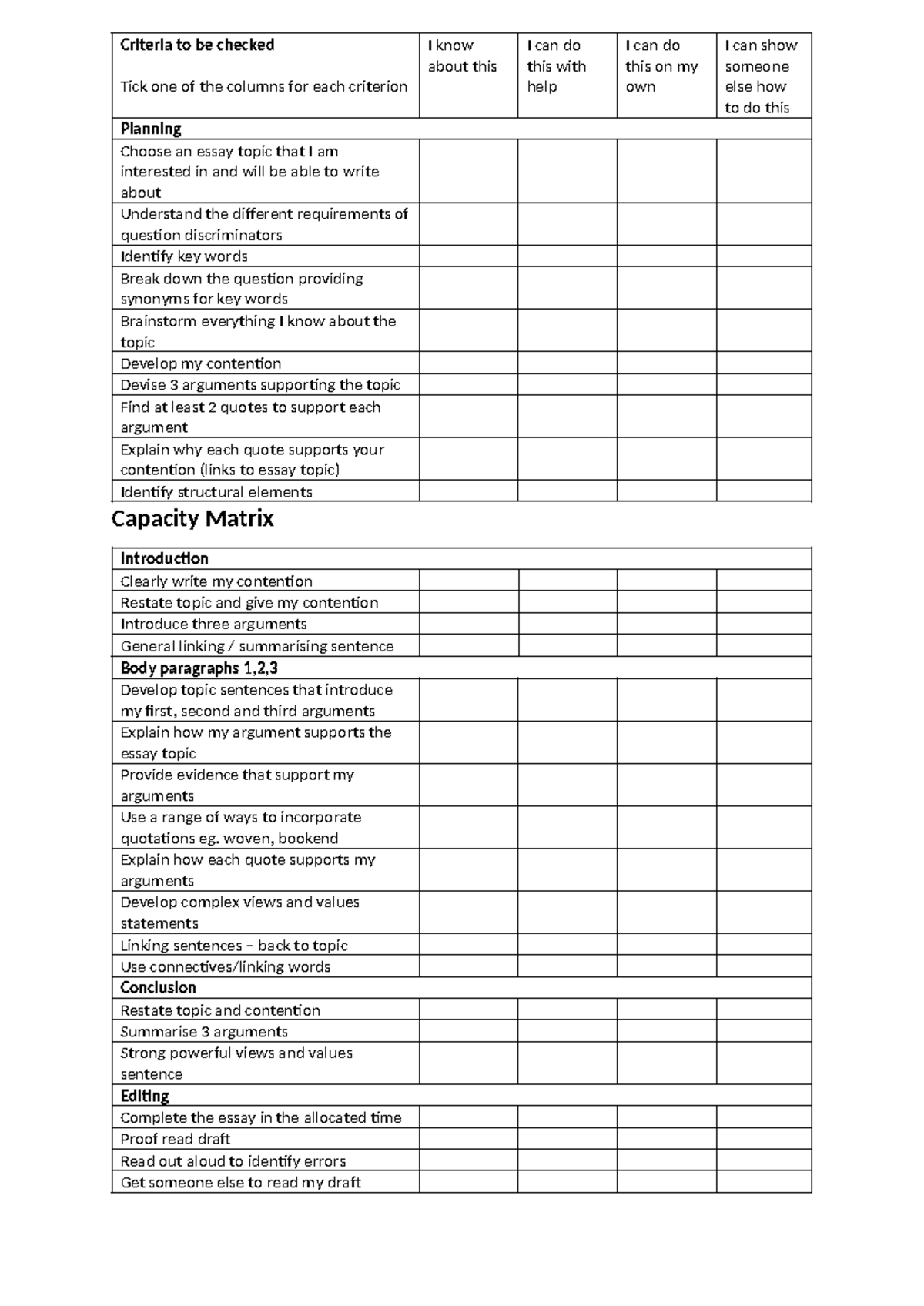 Capacity Matrix - Criteria to be checked Tick one of the columns for ...