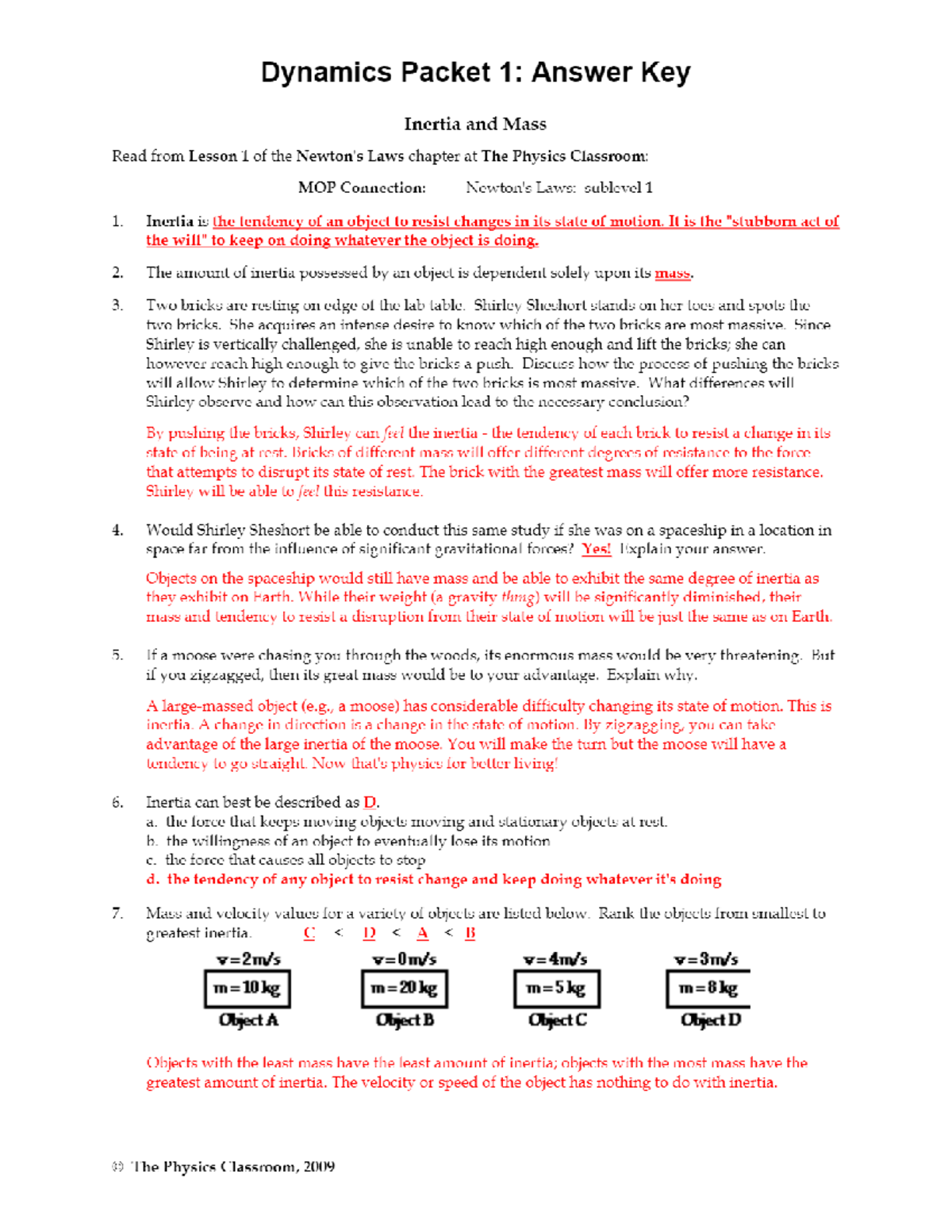Kinetics answer key 1 - Physics classroom. - Dynamics Packet 1: Answer Key Inertia and Mass Read ...