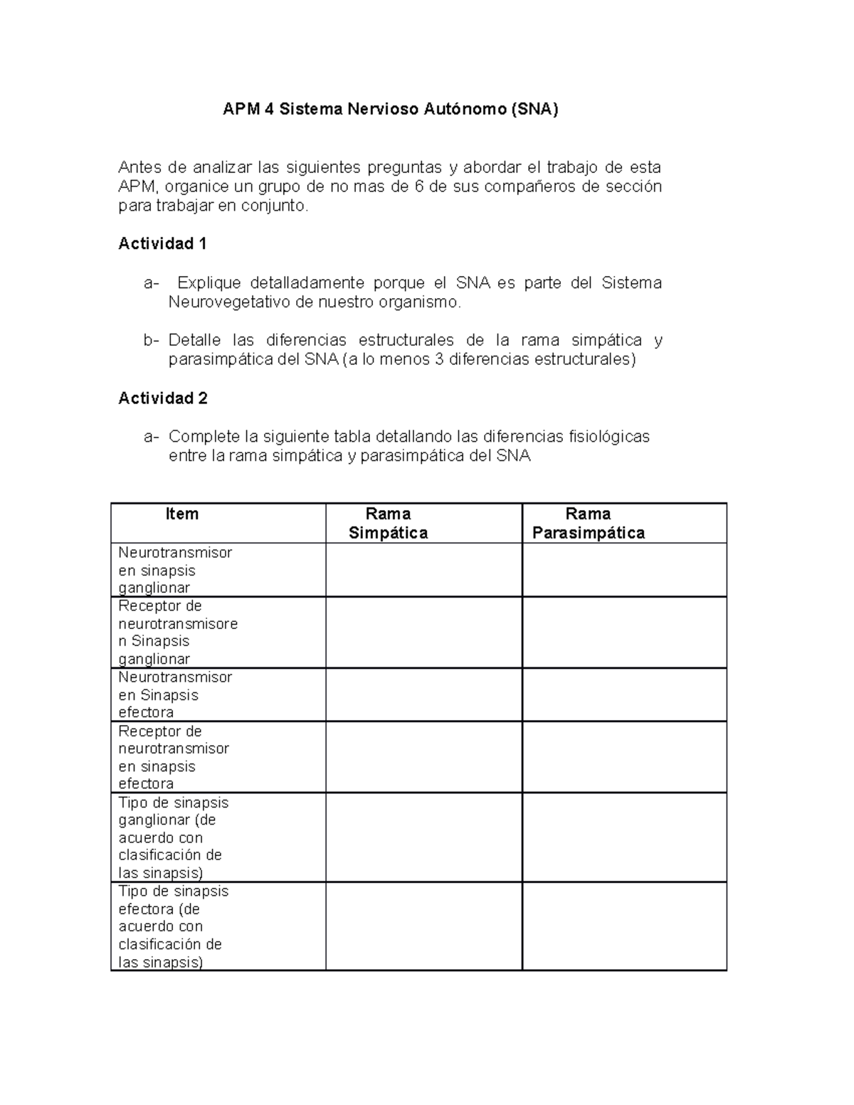 APM 4 Sistema Nervios Autónomo - Actividad 1 a- Explique detalladamente ...