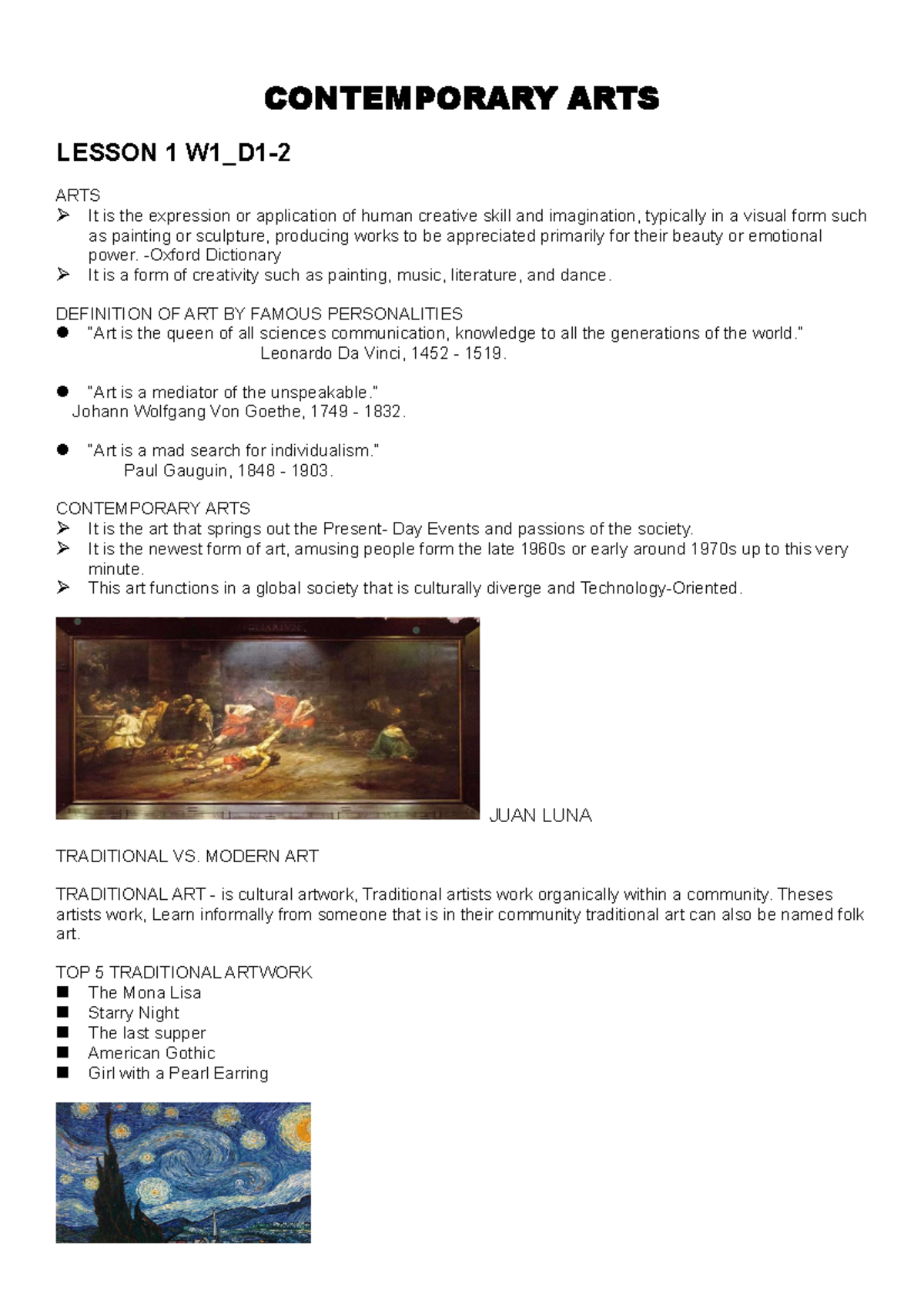 Contemporaryarts Lessons - CONTEMPORARY ARTS LESSON 1 W1_D1- ARTS It is ...