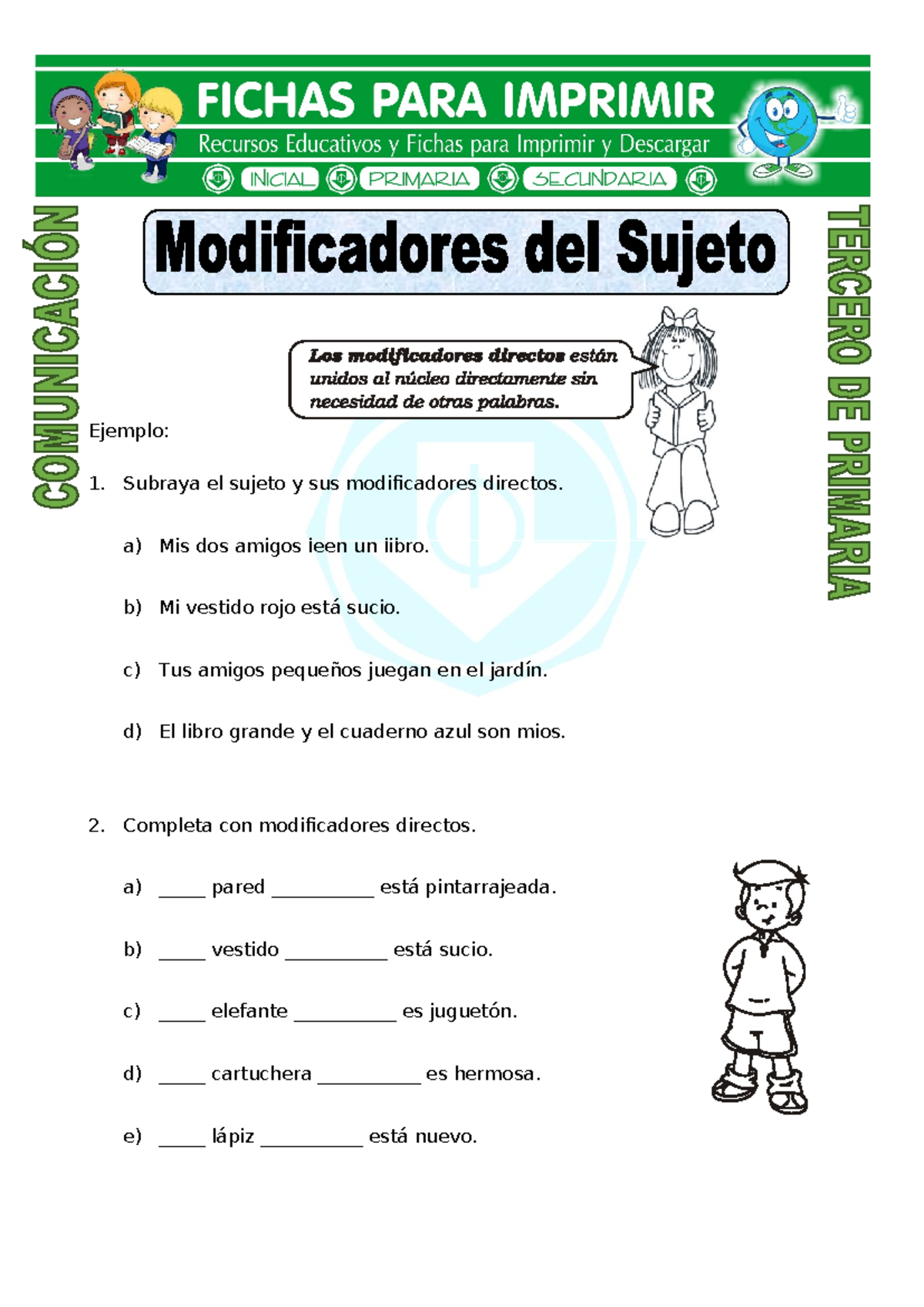 Modificadores DEL Sujeto Ficha PARA Tercero DE Primaria - Ejemplo: 1 ...