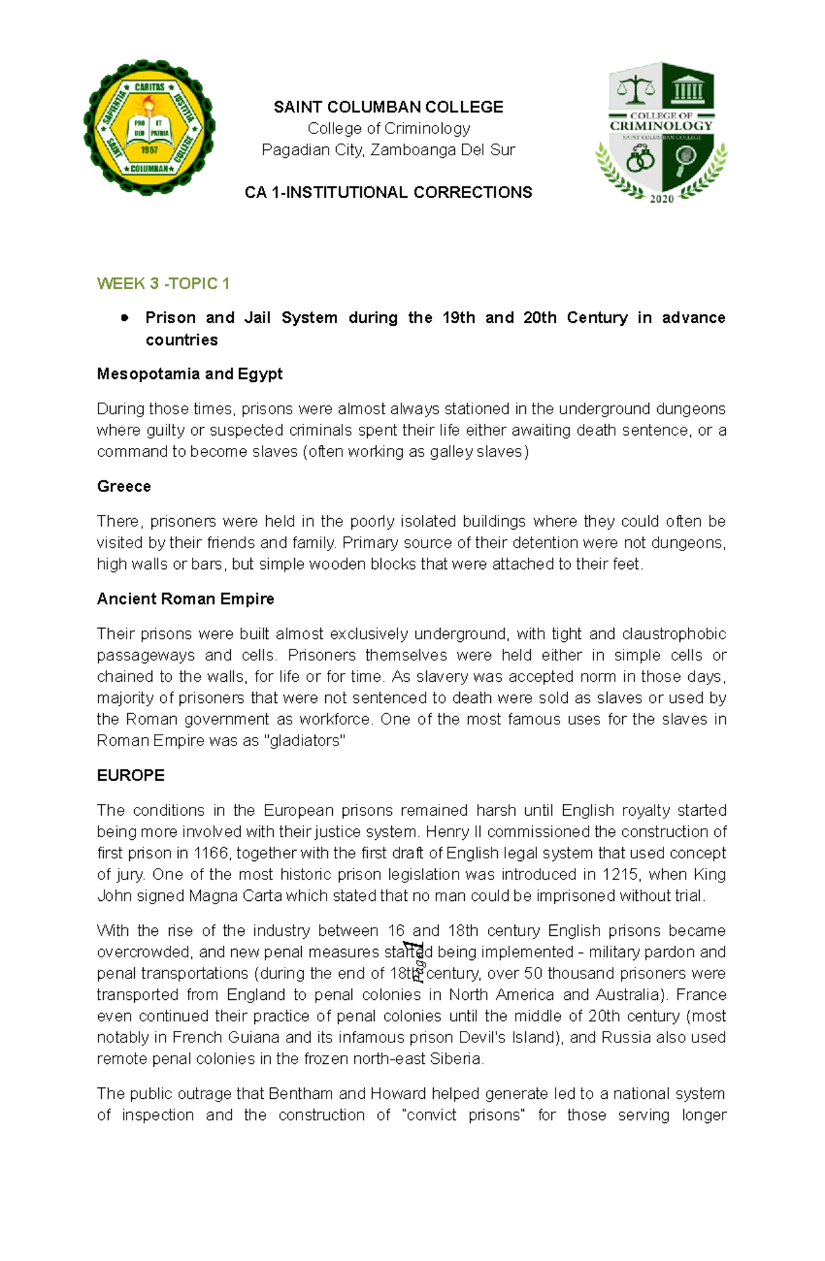 CA 1-WEEK-3 - study notes - Page 1 SAINT COLUMBAN COLLEGE College of ...