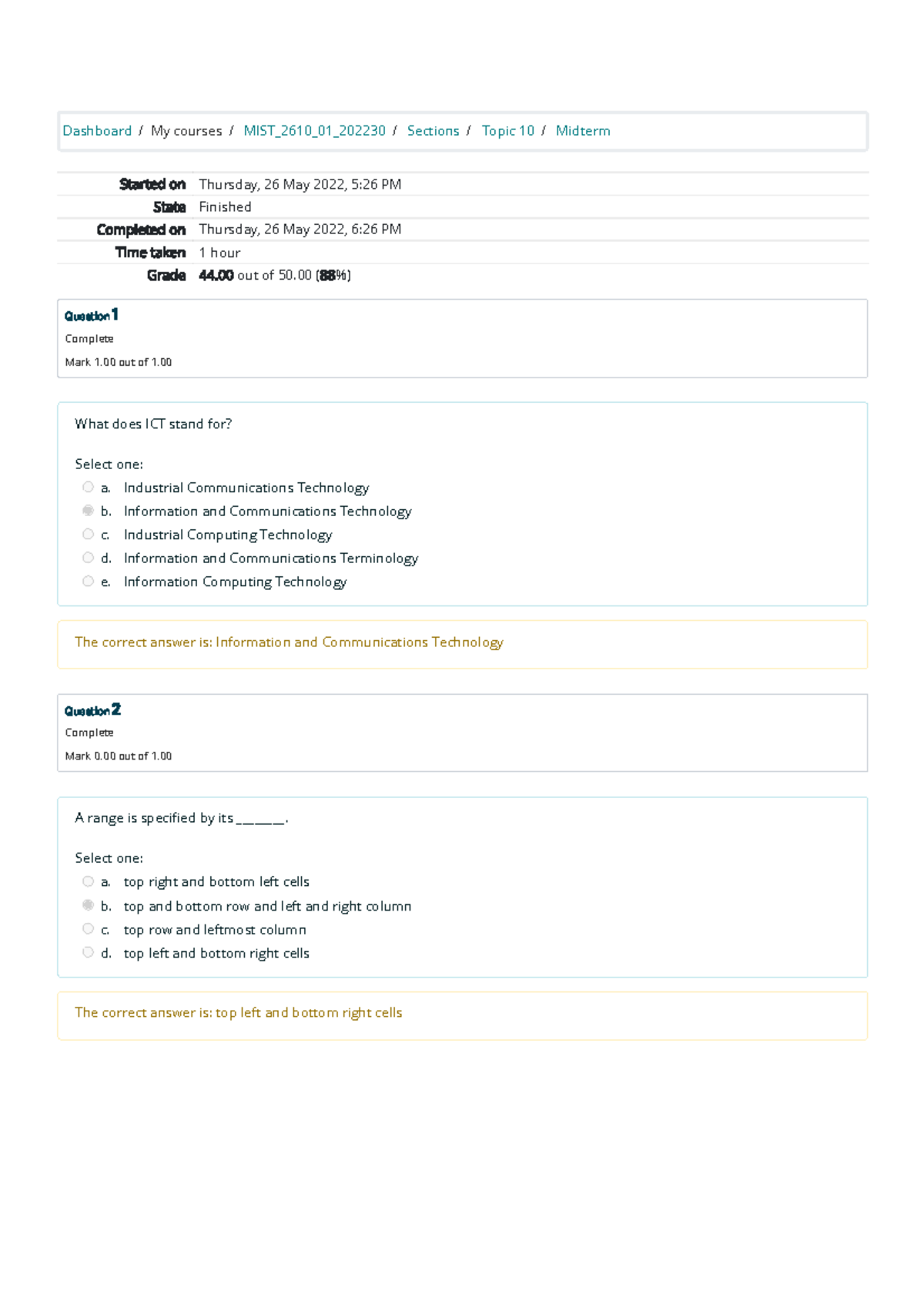Midterm Attempt review - Dashboard / My courses / MIST_2610_01_202230 ...