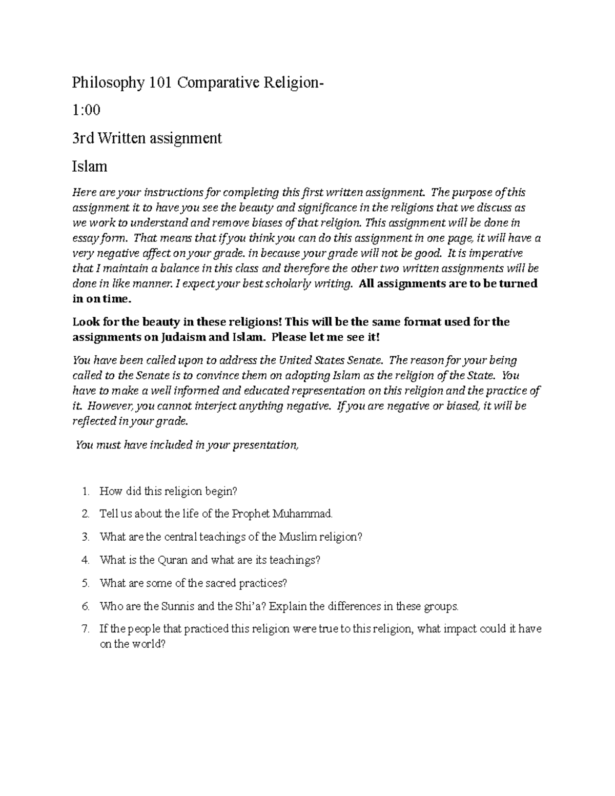 Phl 101 Comparative Religion Islam Assignment - Philosophy 101 Comparative Religion- 1: 3rd ...
