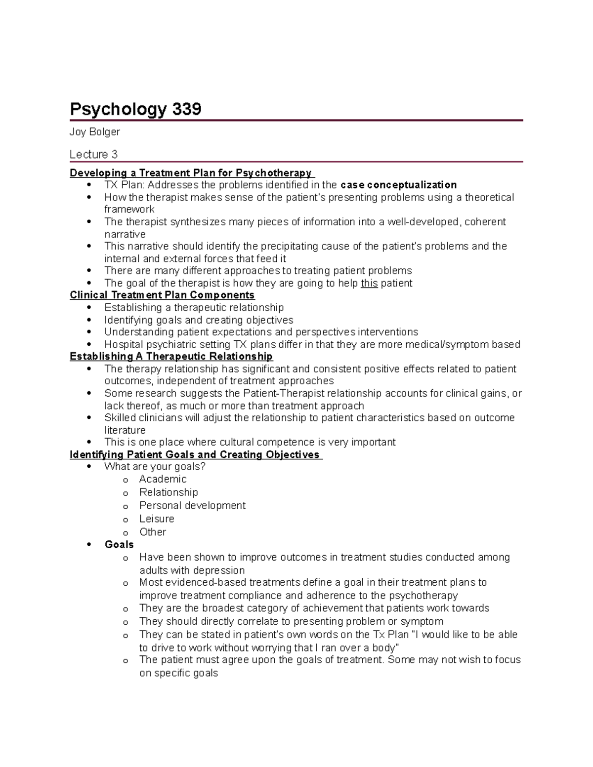 Lecture 3 - Psychology 339 Joy Bolger Lecture 3 Developing a Treatment ...