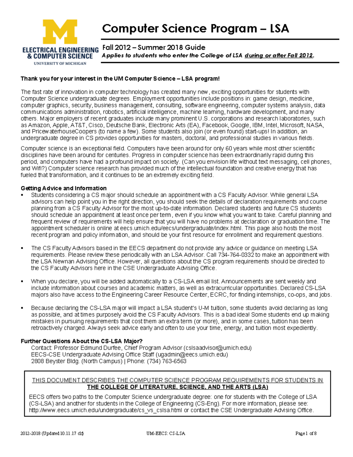 17 18 cs lsa - Computer Science Program LSA Fall 2012 Summer 2018 Guide ...