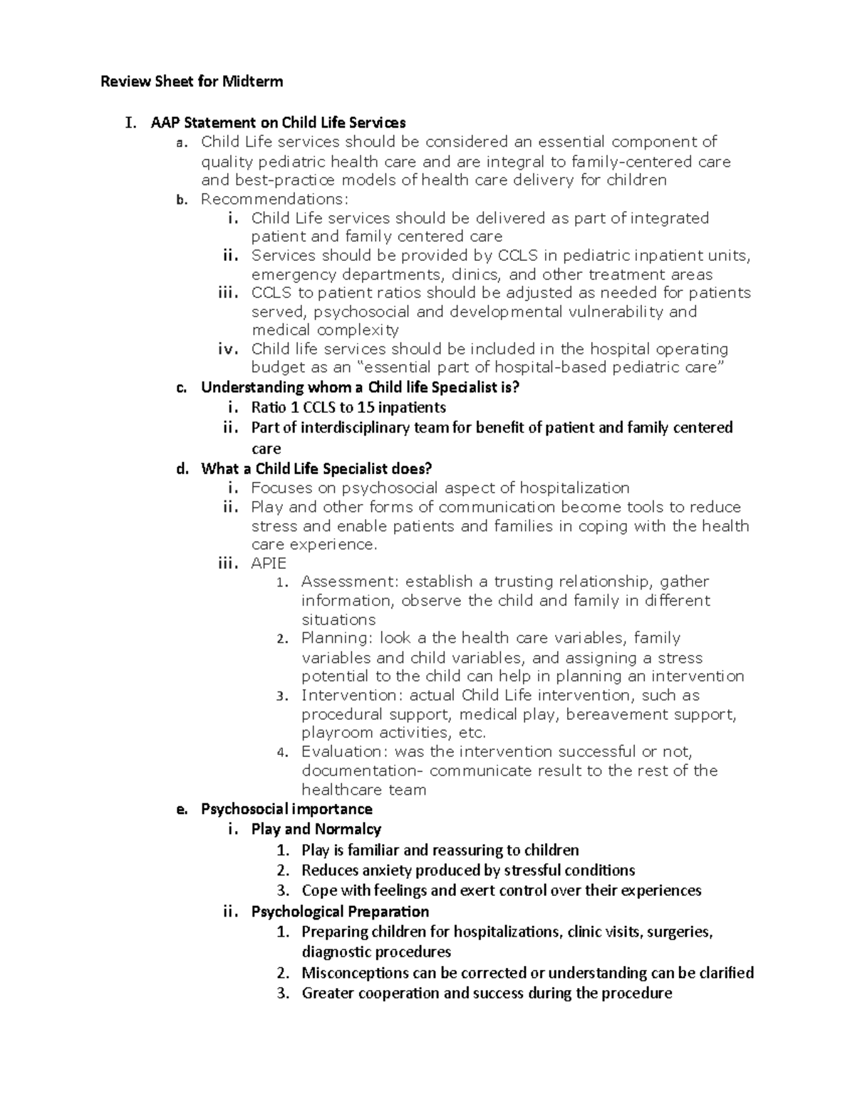 Midterm Review - Summary Child Life Internship - Review Sheet for ...