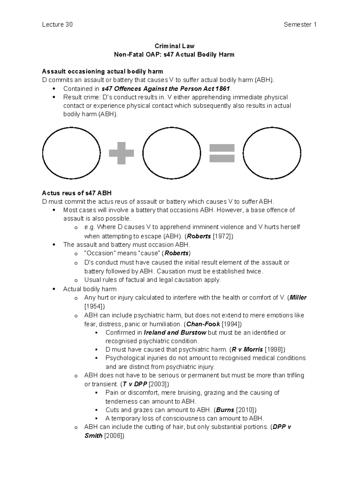 Non-Fatal OAP - s47 ABH - Lecture 30 Semester 1 Criminal Law Non-Fatal ...